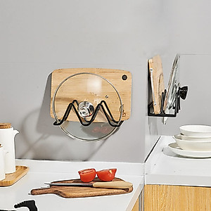 Cabilock Kitchen Lid Organizer Wall Mounted Pot Lid Storage Rack Cabinet Pantry Countertop Bakeware Organizer Dish Stand Holder for Spatula Plates Lid Cutting Boards Black