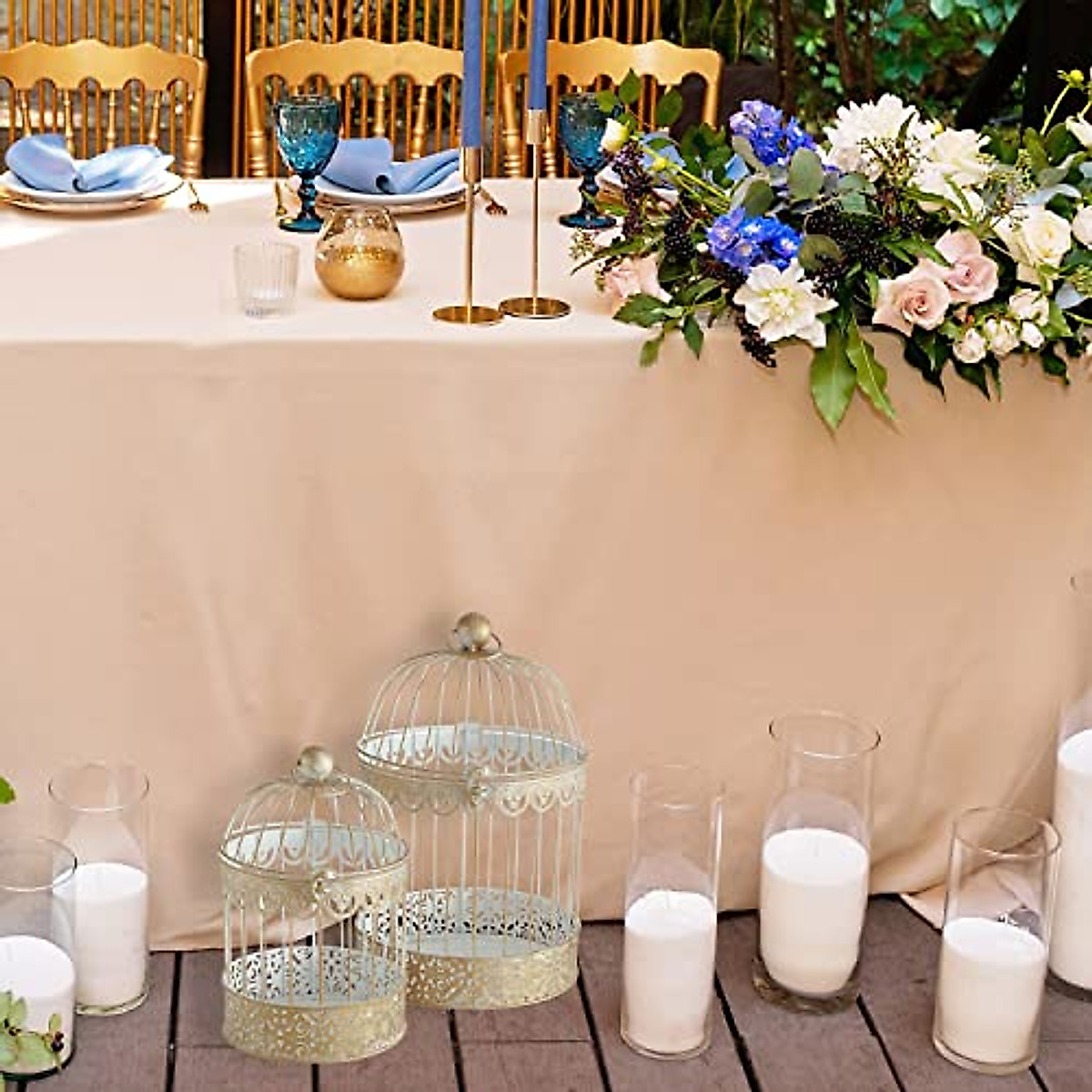 WHW Whole House Worlds Hamptons Romantic Gold Bird Cages, Set of 2, Decorative, Table Top Centerpieces, Latch Top, Metal, Handmade, 11.75 and 15.75 Inches