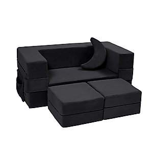 Elftopia Modular Kids Sofa,Toddler Couch Foam Armchair for Kids, Children Convertible Plush Sofa Play Set,Fold Out Sofa Bed(Black)
