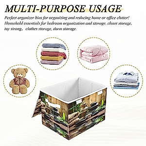 Flradish Zen Basalt Stones on Wood Large Oxford Cloth Foldable Storage with Lid and Handles Toys Clothes Storage Basket for Home Bedroom Closet Office