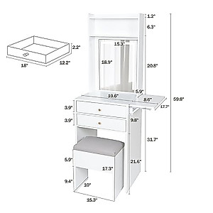 ARTETHYS Small Vanity Desk Set with 3 Adjustable Lighted Mirror and Storage Chair, Makeup Vanity Table for Small Space, White Dressing Table with Fold-up Panel for Bedroom