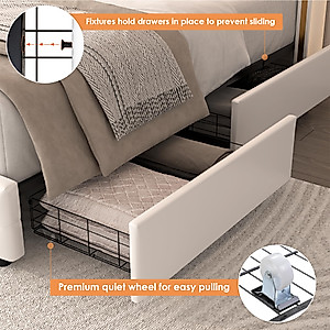 HIFIT Queen Smart LED Platform Bed Frame with 4 Storage Drawers, Crystal Button-Tufted & Stainless Gold Trim Wingback Headboard/Modern PU Upholstered White /No Box Spring Needed/Easy Assembly