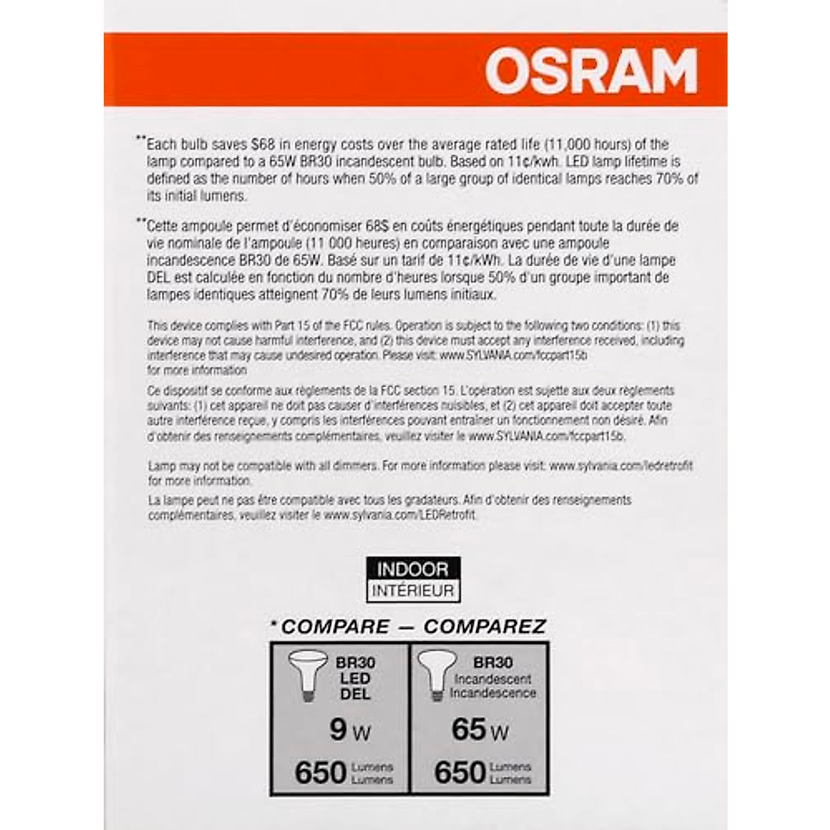 SYLVANIA LED Flood BR30 Light Bulb, 65W Equivalent Efficient 9W, 10 Year, 650 Lumens, Dimmable, 2700K, Soft White - 2 pack (73954)