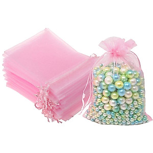 100 Pcs 5x7 inches Gift Wrap Bags Pink, Organza Sheer See Through Fabric, Drawstring Satin Ribbon Pouches for Baby Shower Favor, Party Wedding Favors Decoration, Card Deck, Jewelery, Boys Holiday Gift