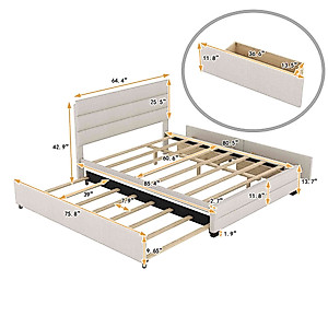 ATY Queen Size Platform Bed with Trundle & 2 Drawers, Upholstered Bedframe w/Headboard, for Bedroom, Guestroom, Livingroom, Save Space & Easy Assemble, Beige