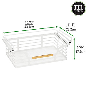 mDesign Metal Wire Wide Under Shelf Storage Baskets for Kitchen Pantry, Closet, Hanging Pull Out Shelving Bin, Sliding Hanger Rack for Bread, Canned Goods, Food, 2 Pack, Matte White/Natural