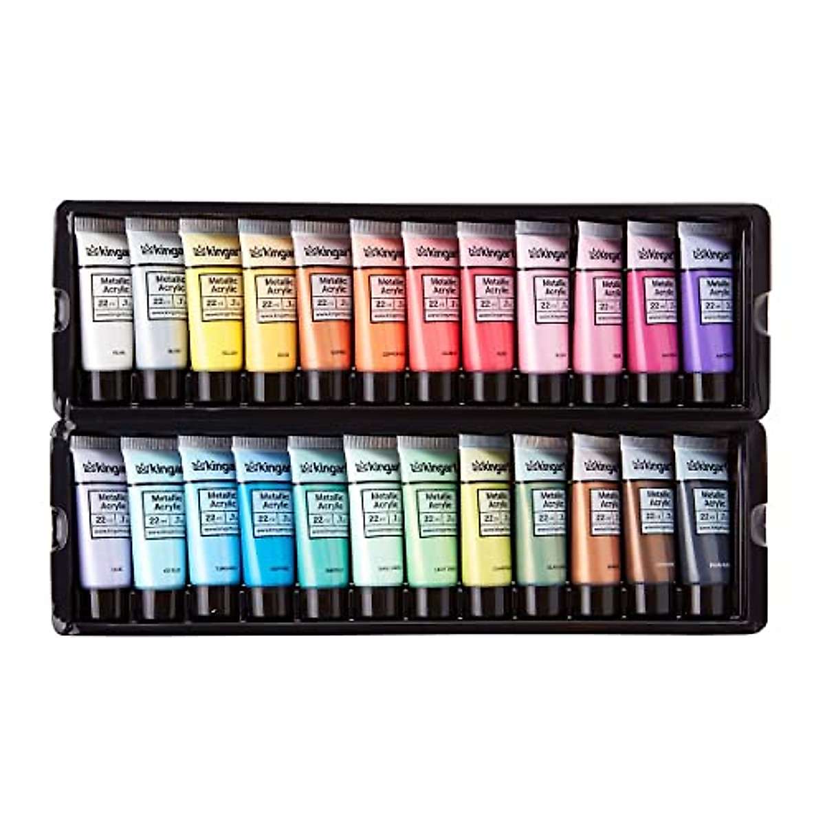 KINGART Metallic Acrylic Paint, Set of 24 Colors, 0.74 oz/22 ml Tubes with Storage Box, Rich Pigments, Non Fading, Non Toxic Paints for Artist & Hobby Painters, Art Supplies for Canvas Painting
