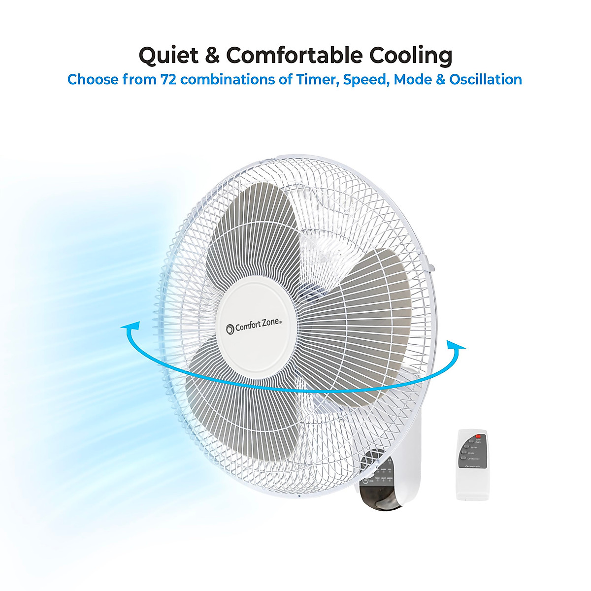 Comfort Zone CZ16WR Wall Mount Fan, w/Remote, White
