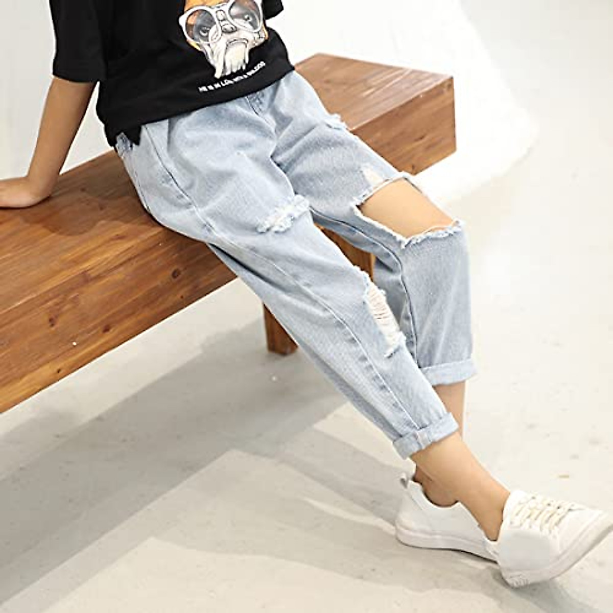 QIBABU Kid Big Girl's Baggy Ripped Jeans Elastic Waist Washed Denim Pants for 8-14 Years(0865-Blue-14Y-QB)