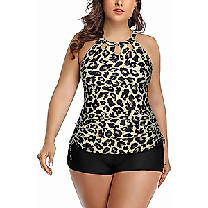 Aqua Eve Women Two Piece Plus Size Swimsuit High Neck Tankini Set Tummy Control Bathing Suit with Shorts Leopard 18W