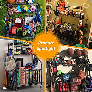 PLKOW Sports Equipment Storage for Garage, Garage Sports Equipment Organizer, Ball Storage Rack, Garage Organizer with Basket and Hooks for Toy Sports Gear Storage