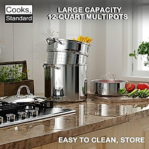 Cooks Standard Pasta Pot 18/10 Stainless Steel 12 Quart, Spaghetti Cooker Steamer Stock Pot Multipots with Strainer Insert, Stainless Steel Lid, 4-Piece Set