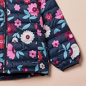 Amazon Essentials Girls' Lightweight Water-Resistant Packable Hooded Puffer Jacket, Navy Floral, Large