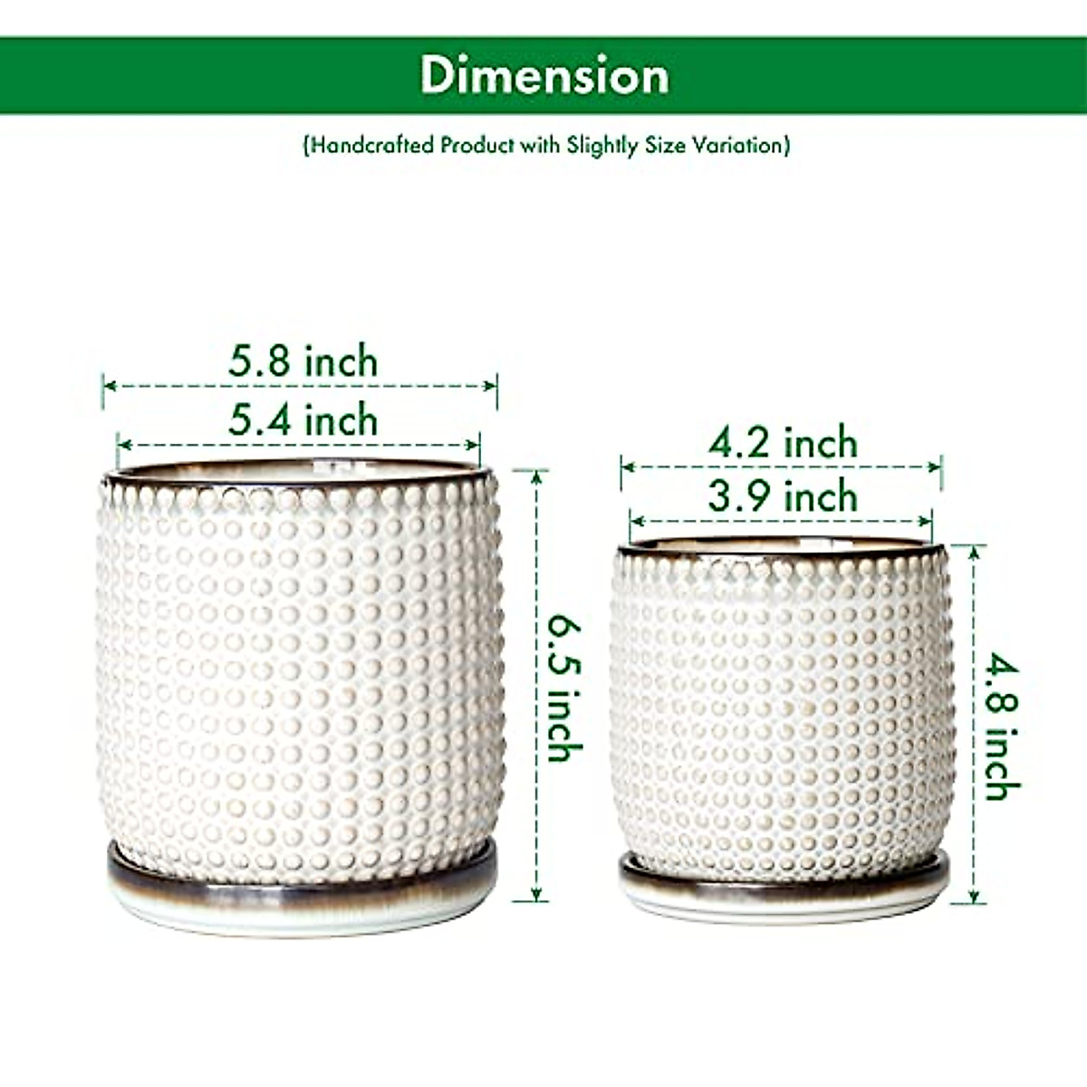 Set of 2, 6 Inch & 4 Inch Ceramic Indoor Planter Pots with Drainage Hole and Saucer, Beaded Design Flower Pots, Smoked White, 27-H-B-SW-ZS