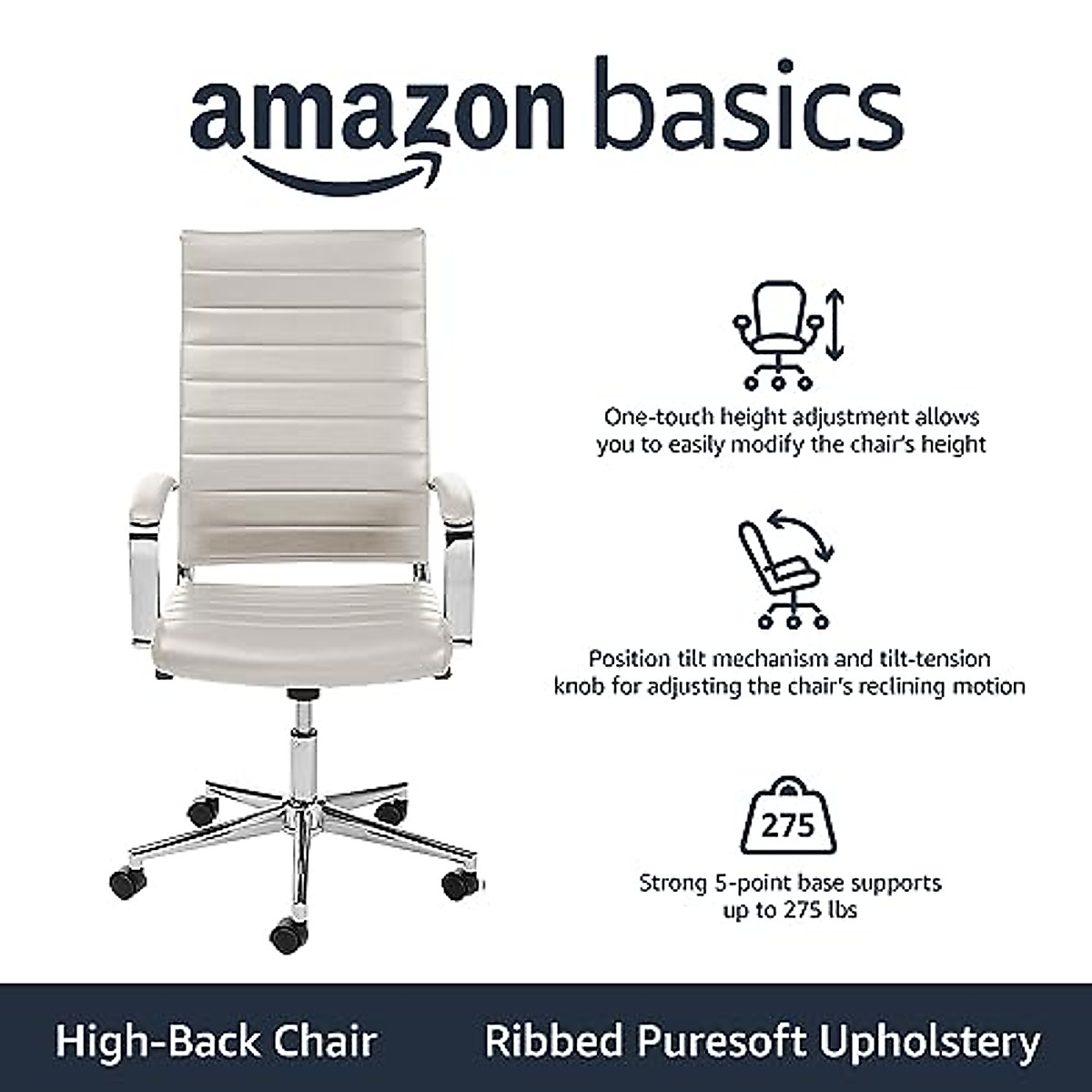 Amazon Basics High-Back Swivel Desk Chair, Ergonomic Ribbed Faux Leather Upholstery, Lumbar Support, Home Modern Style, Stunning White, 45.25" x 24.75" x 23.25"