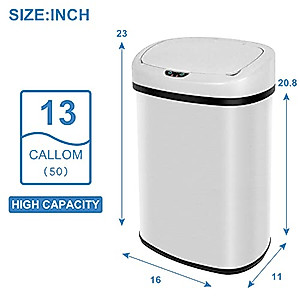 13 Gallon 50 Liter kitchen Trash Can with Touch-Free & Motion Sensor, Automatic Stainless-Steel Garbage Can, Anti-fingerprint Mute Designed Trash Bin Touchless Trash Can for Office Bedroom, White
