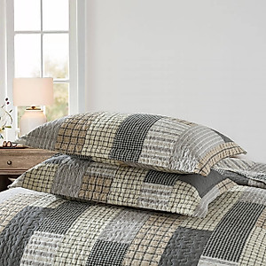 Cinefoso Queen Size Quilt, Patchwork Plaid Quilt Set Queen Size 100% Cotton Farmhouse Plaid Bedspread Lightweight & Reversible Quilt Bedding Set All-Season 3-Pieces