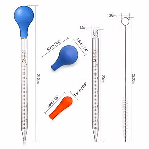 Glass Pipettes, ZEEROQOLAB 6pcs Glass Graduated Lab Pipettes 0.5ml,1ml,2ml,3ml,5ml,10ml, with 2pcs Glass Graduated Cylinder 5ml, 10ml, 2pcs Droppers Brush and 2pcs Glass Stir Sticks