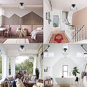 Industrial Semi-Flush Mount Ceiling Light, Seeded Glass Pendant Lamp Shade, Black Farmhouse Lighting for Hallway Porch Corridor Kitchen Bedroom, Modern Indoor Hanging Light Fixtures, Bulb Not Included