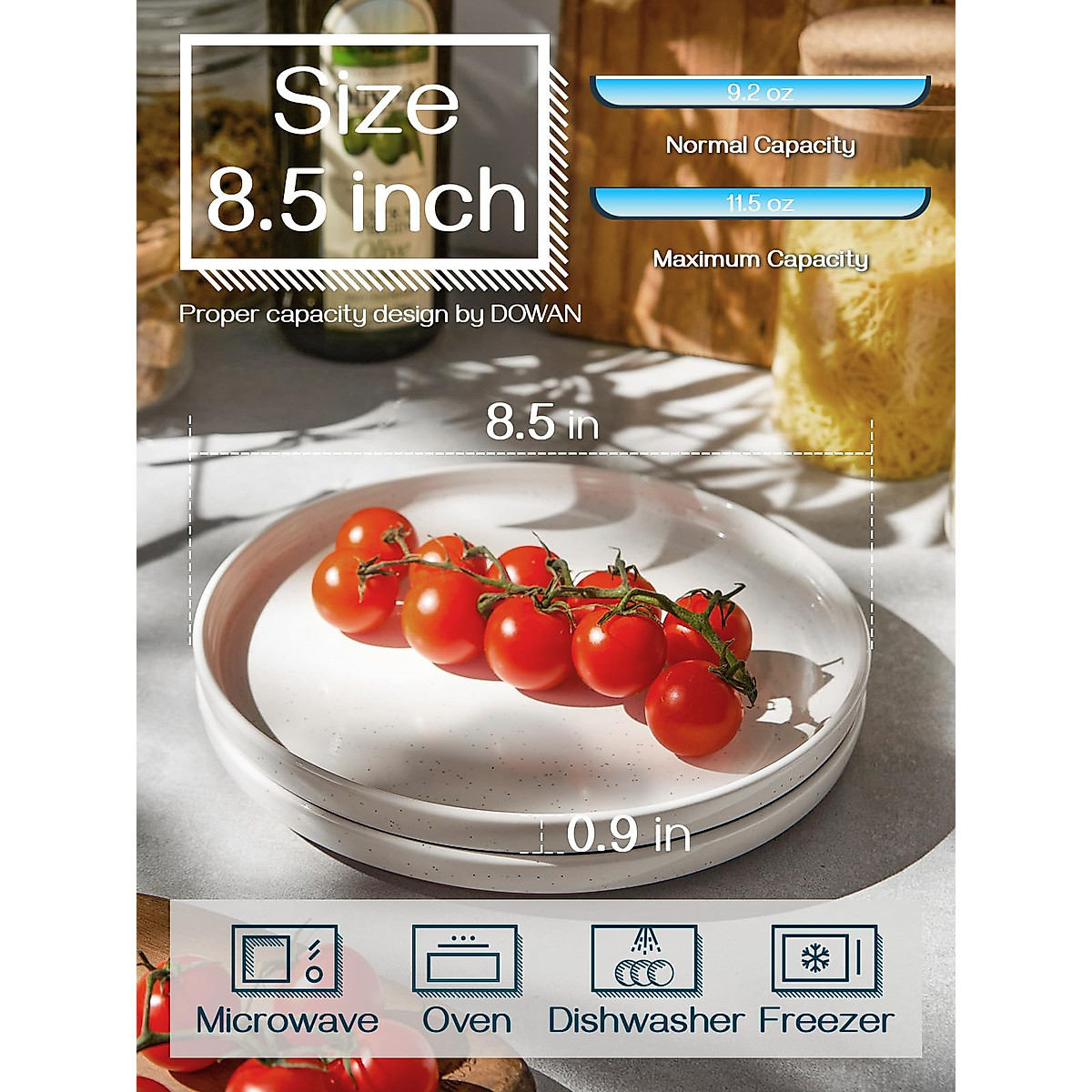 DOWAN 8.5" Moon-White Sesame Glaze Dinner, Dessert & Salad Plates Set of 6, Porcelain Ceramic, Microwave, Oven & Dishwasher Safe, Perfect for Daily Dining, Family Gatherings, Parties & Gifts