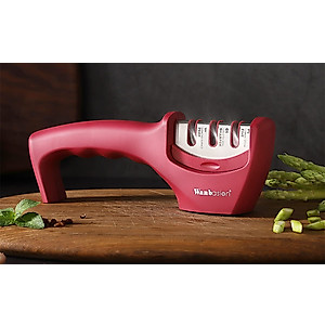 Wanbasion Red Premium Kitchen Knife Sharpener Professional 3 Stages, Kitchen Knife Sharpener Manual Sharpening, Knife Sharpener for Kitchen Knives with Stainless Steel Ceramic Diamond Blade