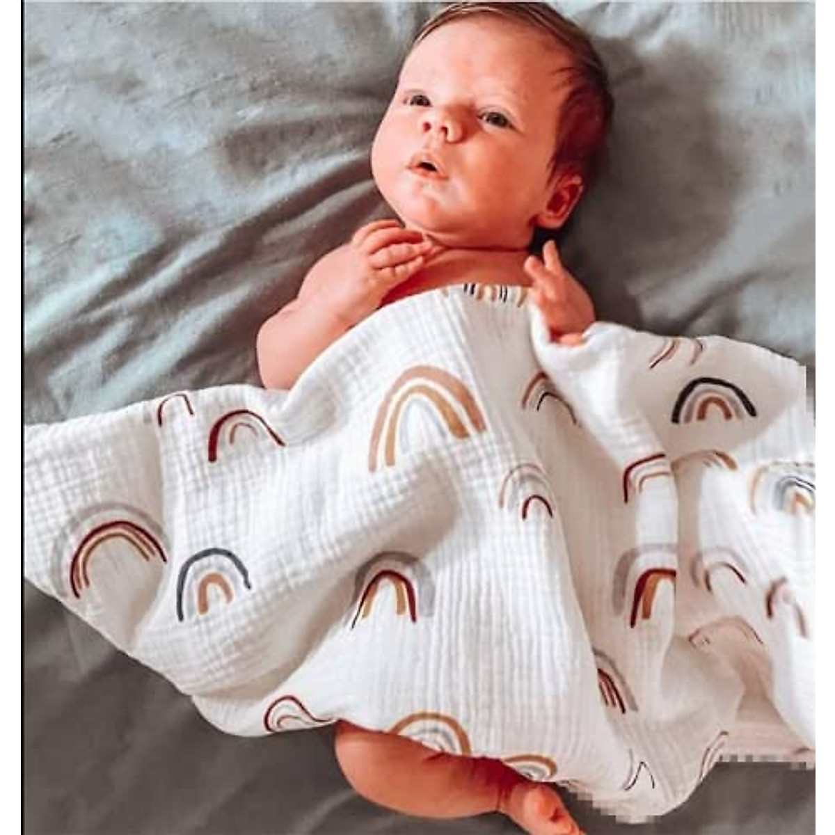 CHUNGEL Cotton Baby Muslin Tassles 40"x 47", Baby Receiving Blanket with Fringe, Boho Muslin Swaddle Blanket with Fringe - Rainbow