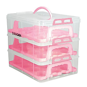 DuraCasa Cupcake Carrier, Cupcake Holder - Premium Upgraded Model - Store up to 36 Cupcakes or 3 Large Cakes - Stacking Cupcake Storage Container - Cookie, Muffin or Cake Carrier (Pink, Three Tier)