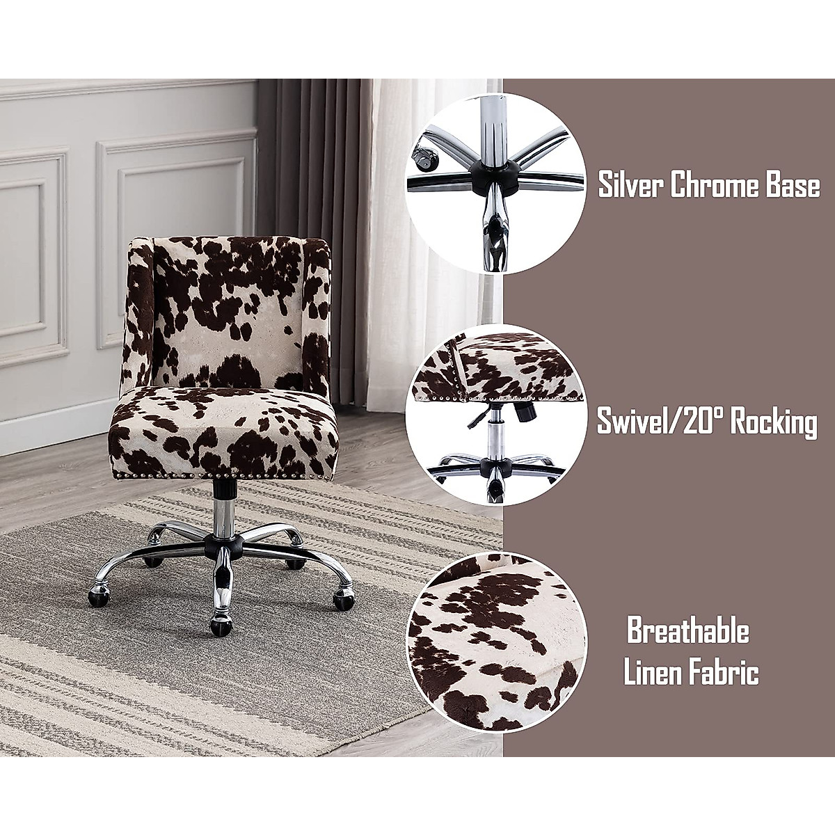 Kmax Home Office Desk Chair, Armless Modern Task Chair for Small Space, Cow