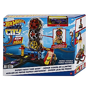 Hot Wheels Toy Car Track Set City Super Twist Tire Shop with 1:64 Scale Car, Single or Multi-Car Play