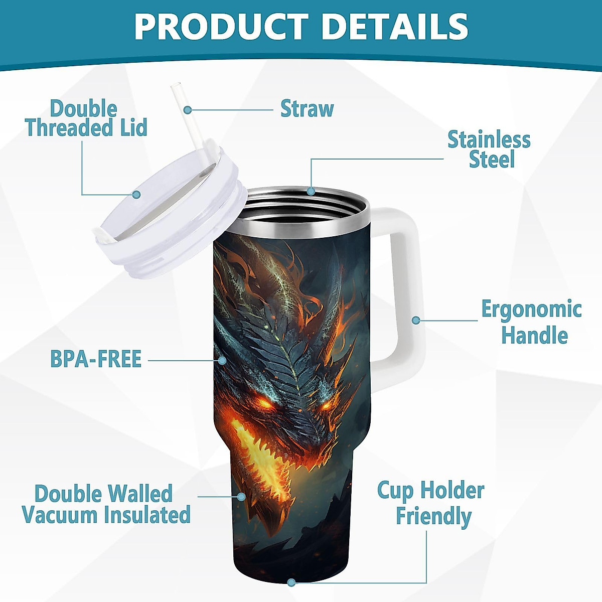 ALAZA Dragon Dark Background 30 oz Tumbler Water Bottle with Straw Lid and Handle,Reusable Insulated Stainless Steel Cup for Women Men Travel Car Cup Holder