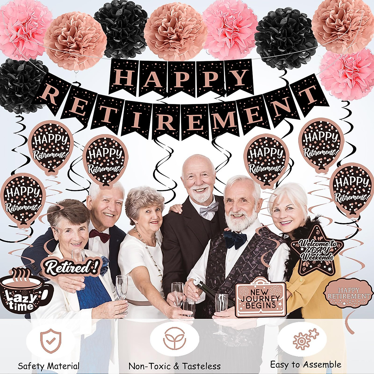 Retirement Decorations Women Rose Gold Happy Retirement Party Decorations Female (52pack) Happy Retirement Banner Gifts, Retirement Decor Double-Sided Pattern Card, Pompoms, Hanging Swirl Retired Sash