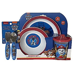 LE Products 5 Piece Paw Patrol Dinnerware Set with Plate, Bowl, Sip Cup, and Flatware (Paw Patrol Boy)