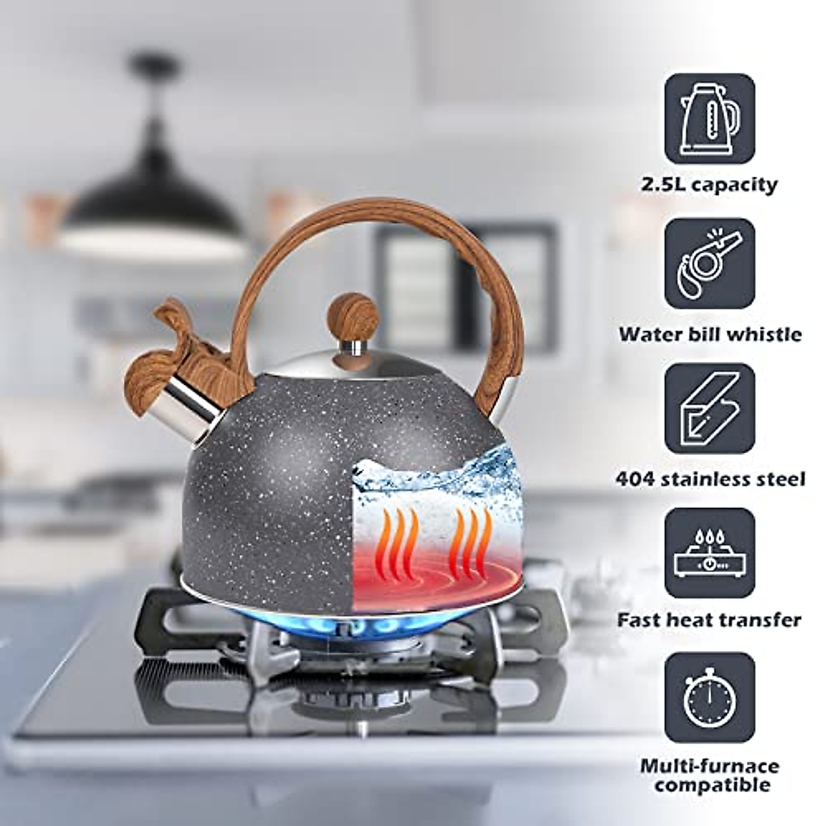 Tea Kettle for Stovetop, 2.5 Quart Stainless Whistle Teapot Water Boilers for Stovetops, Induction Stone Kettle with Loud Whistle - Perfect for Preparing Hot Water Fast for Coffee Tea(Grey)