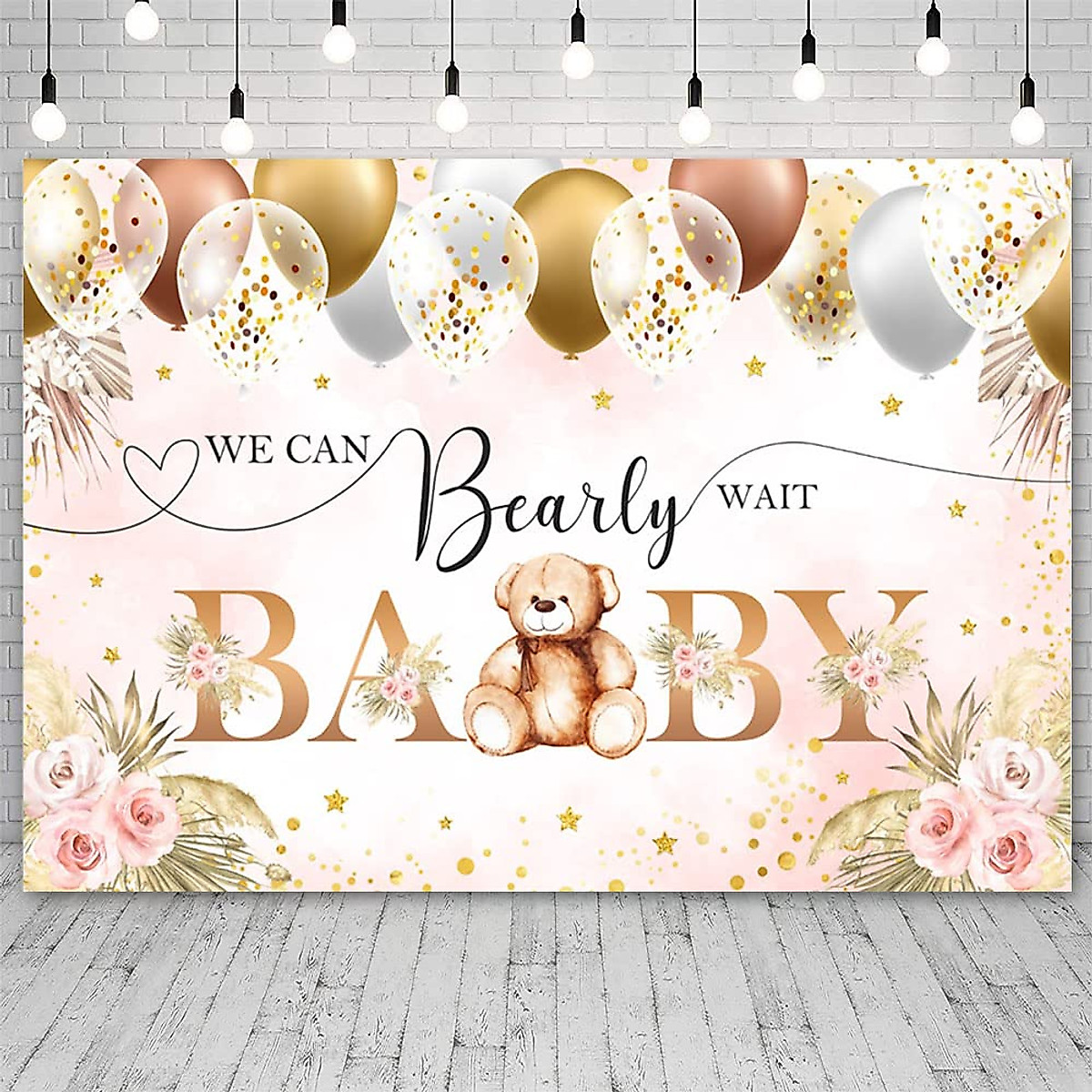 ABLIN 7x5ft Boho Bear Baby Shower Backdrop We can Bearly Wait Baby Shower Decorations Brown Balloons Flowers Bohemian Theme Photography Background Baby Shower Party Supplies
