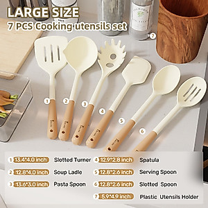 Kikcoin Large Kitchen Utensils Set - 7 PCS Silicone Cooking Utensils Set Heat-resistant 446 °F, Wooden Handle with Plastic Utensil Holder, BPA Free Spatula Ladle Spoons for Non-stick Cookware, Beige