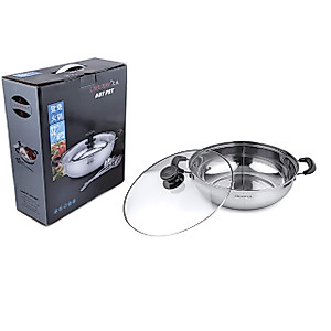Lake Tian Stainless Steel Shabu Shabu Chinese Hot Pot With Lid, Dual Sided Yin Yang Hot Pot Pot with Divider Set Include 3 Pot Spoons, Divided Hotpot Pot, Portable, 鸳鸯火锅 (32cm/12.6″)