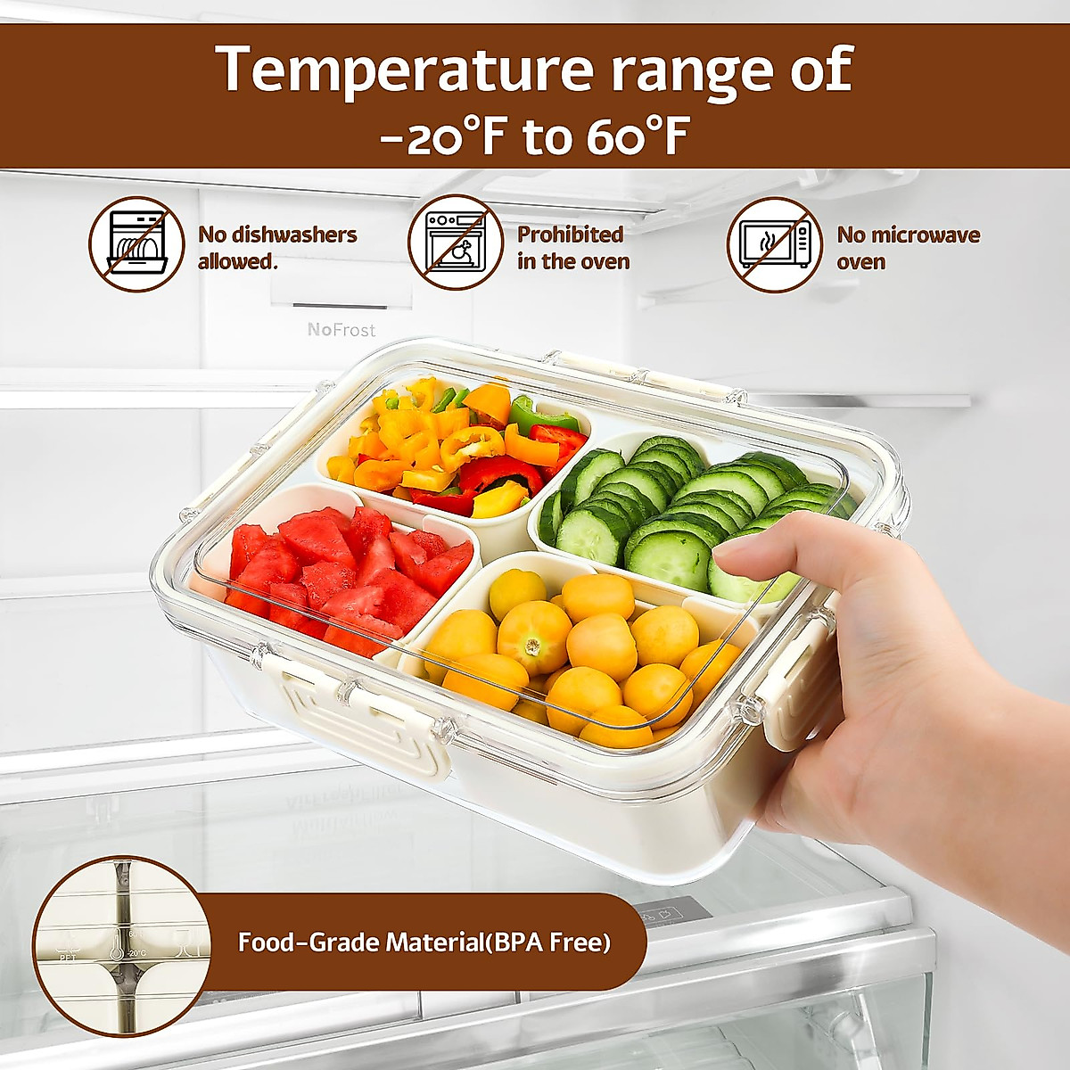 accep Snack Box Container,Divided Serving Rray with Lid,4 Compartment Snack Containers for Adults,Bento Box Adult Snackle Box Charcuterie Container for Candy,Fruits,Veggie,Perfect for Travel & Picnic