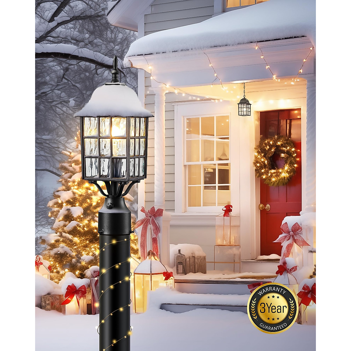 VIANIS Lamp Post Light Fixture with Mount Base, Modern Black Exterior Post Lantern Fixture with Tempered Glass, Anti-Rust Aluminum Light Posts for Outside for Driveway, Backyard Patio Garden, E26