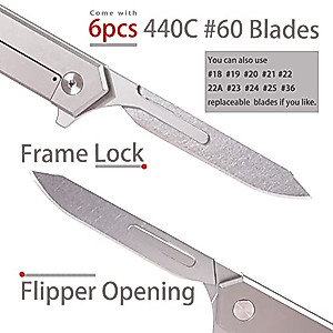 TENCHILON T37 Titanium Folding Pocket Scalpel Knife, 6pcs Tumbled 440C #60 Blades, Compact Slim Gentleman's Flipper Scalpel Replaceable EDC Utility Knives with Pocket Clip