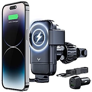 Wireless Car Charger, 15W Qi Auto-Clamping Car Phone Holder Mount Fast Charging, Wireless Car Mount for iPhone 14/13/12, Galaxy with QC 3.0 Car Charger and Type C Cable