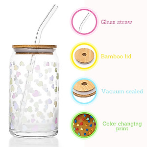Care For Products Color Changing 16oz Soda Can Glass with Bamboo Lid and Glass Straw | Iced Coffee Cup | Can Shaped Glass with Color Changing Heart Design