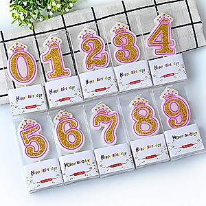Dollet Pink Crown Candle Numbers with Gold Glitter Birthday Candle Cake Topper for Birthday Anniversary Parties, Number 3