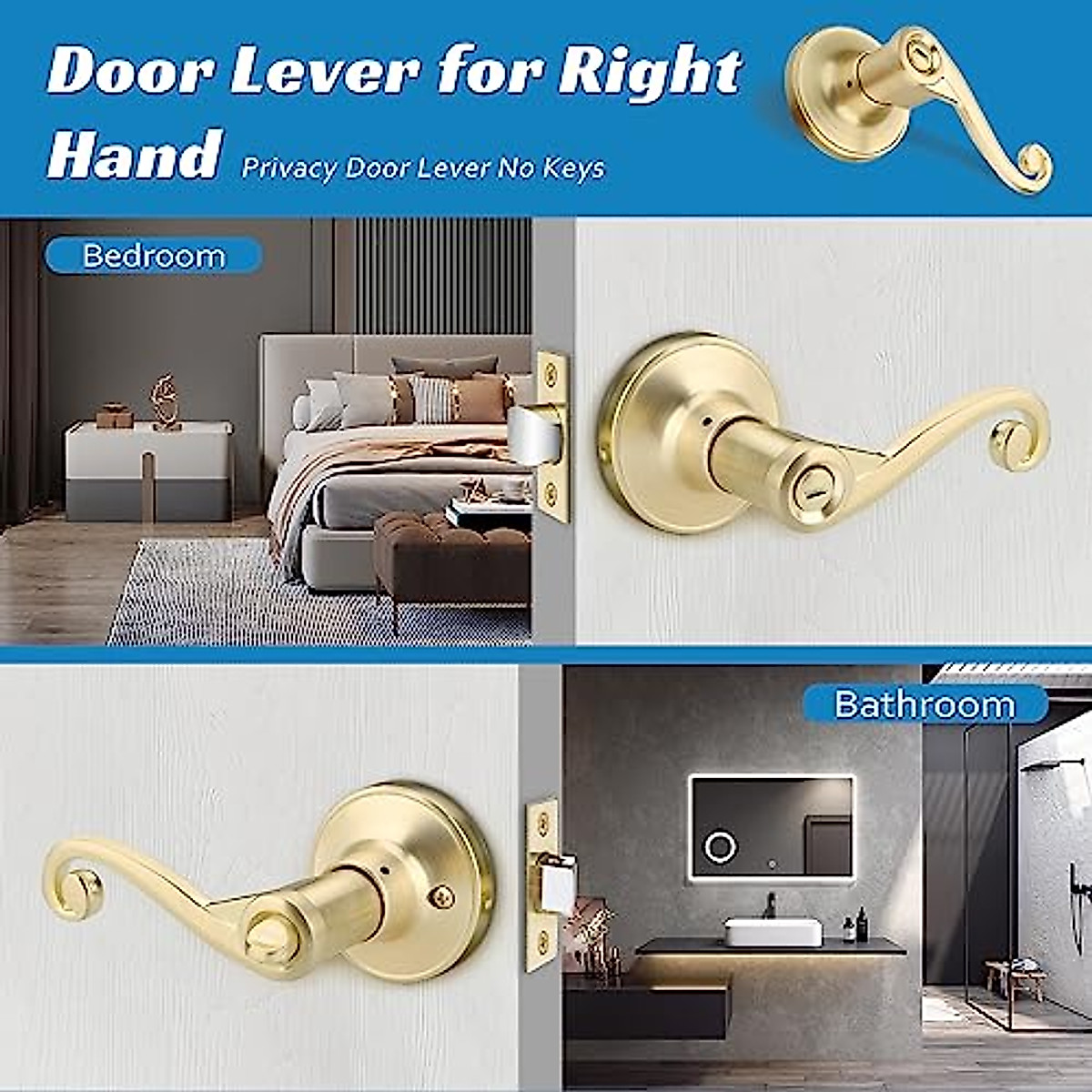 Bonpoly 5 Pack Gold Door Handles, Satin Brass Door Handle, Wave Handle Privacy Door Lever Bed/Bath Door Lockset, Right Handing