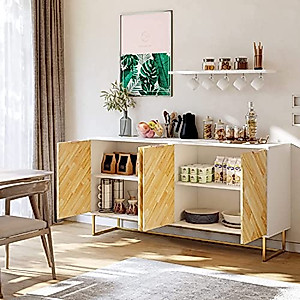 4 EVER WINNER Sideboard Buffet Cabinet, 55" Modern Credenzas Storage Cabinet with 4 Doors, Wood Buffet Storage Cabinet with Adjustable Shelves for Living Room Hallway, White and Gold