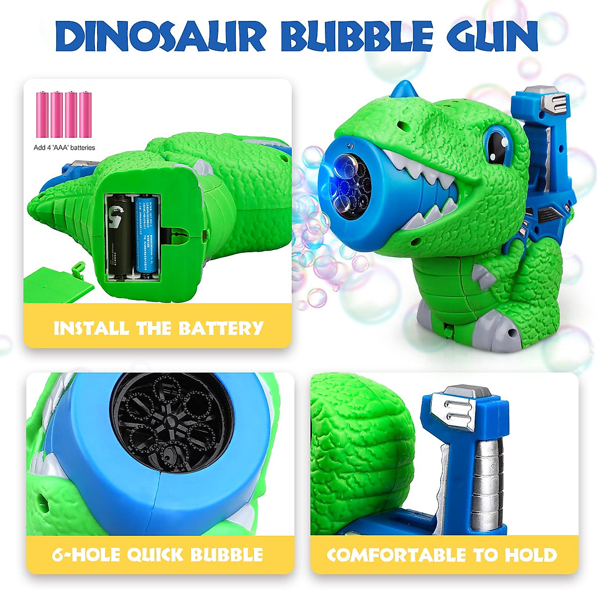 TOY Life Dinosaur Bubble Gun for Toddlers with 3 Bubble Refill Solutions, Bubble Machine for Kids Ages 4-8, Bubble Kids Leaf Blower, Bubble Blaster Gun, Bubble Maker, Easter Bubble Gift for Kids