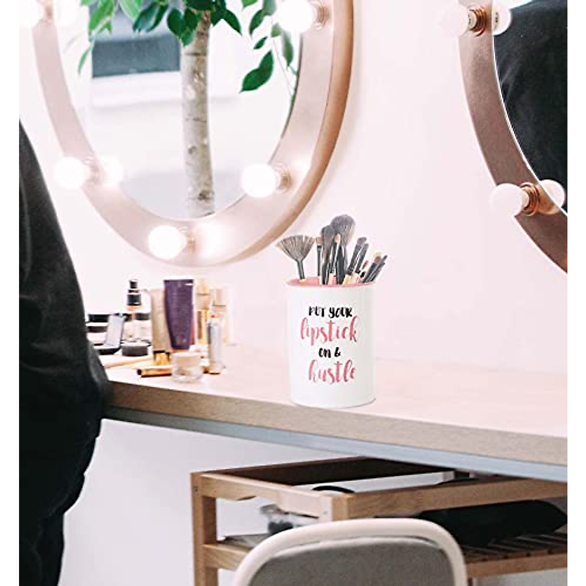 Palais Essentials bathroom decor Makeup Brush Holders Ceramic, Bathroom Accessories Make Up Cup Holder for Vanity Countertops (Lipstick Hustle, 4" Diameter)