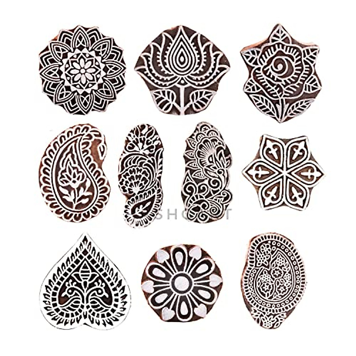 Hashcart® Wooden Pottery Stamps for Block Printing - Handcarved Indian Textile Printing Blocks Set of 10, Wooden Clay Pottery Stamps for Crafting on Fabric, Card & Henna Stamps