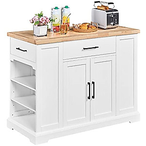 Yaheetech Rolling Kitchen Island Cart with 3 Drawers, Kitchen Storage Cabinet on Wheels with Open Shelves and Inner Adjustable Shelves for Dinning Room/Living Room, Thicker Rubberwood Top, White