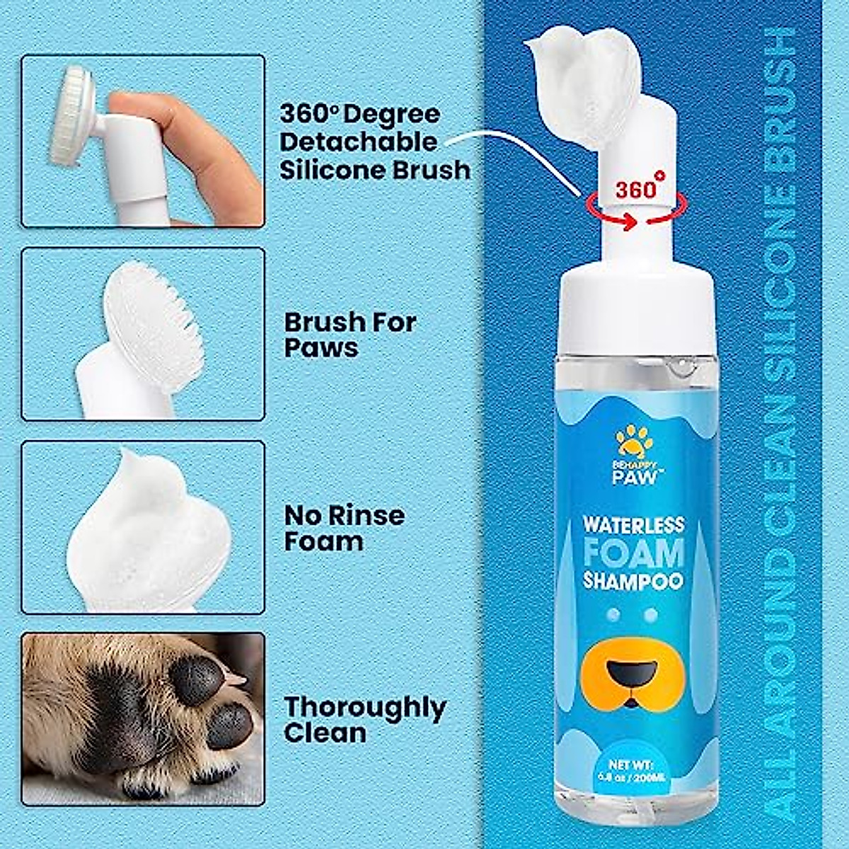 Be Happy Paw Dog Paw Cleaner 6.8fl oz No-Rinse Waterless Shampoo Foam Paw Cleanser with Silicone Brush and Microfiber Towel, Natural Pet Paw Cleaner for Dogs and Cats