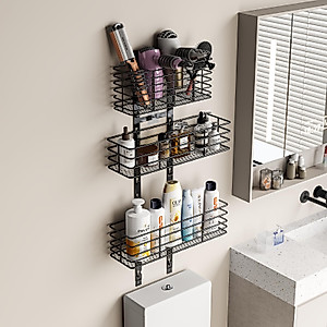 5-Tier Over The Door Bathroom Organizer - Hair Dryer Holder - Hair Tool Organizer Adjustable Height, DIY Bathroom Storage Shelf Wall Mounted for Flat/Curling Irons, Hair Straighteners, Skincare